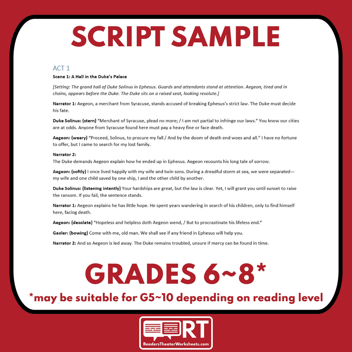 Comedy of Errors Adapted Readers Theater Script | Shakespeare Play ...